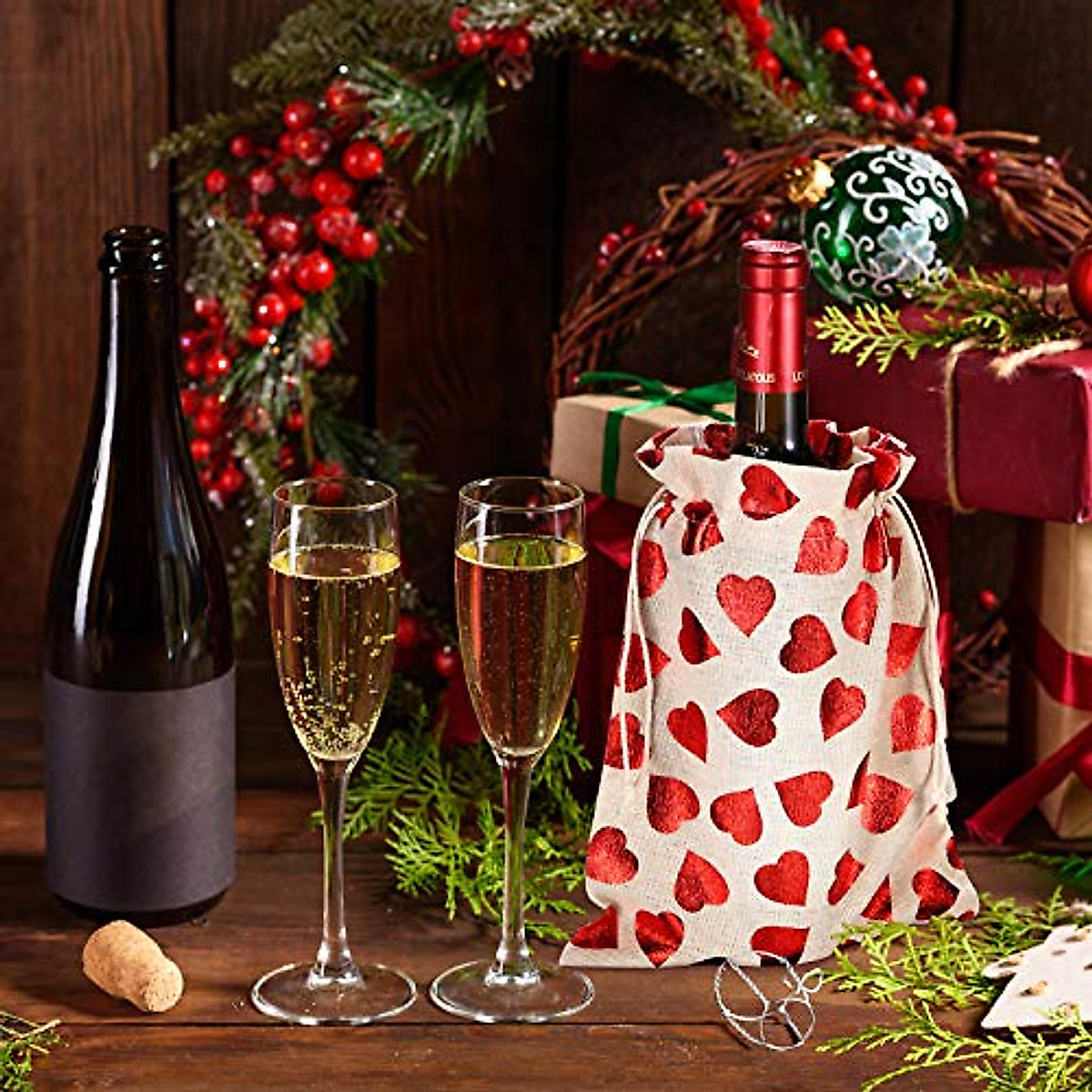 12 Pieces 8 x 10 Inch Valentine's Day Canvas Muslin Bags Packing Pouches Drawstring Candy Bags with Printed Heart for Valentine's Day Christmas Wedding Party Favors Jewelry DIY Craft