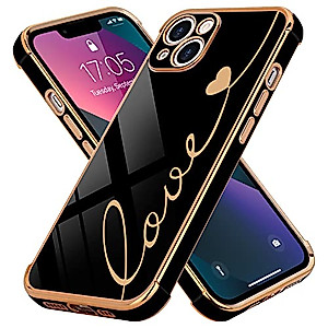 LCHULLE Designed for iPhone 13 Case Cute for Women Girls Luxury Plating Love Letter Soft TPU Phone Case Shockproof Anti-Scratch Full Camera Lens Protection Case Cover for iPhone 13(6.1 inch),Black