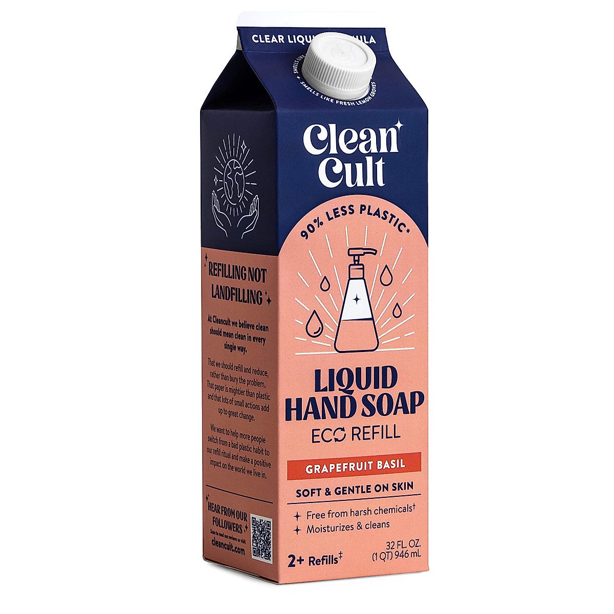 Cleancult Liquid Hand Soap Refills (32oz, 1 Pack) - Hand Soap that Nourishes & Moisturizes - Liquid Soap Free of Harsh Chemicals - Paper Based Eco Refill, Uses 90% Less Plastic - Grapefruit Basil