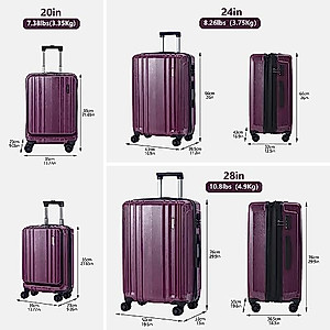 TydeCkare Luggage Set 3 Piece 20/24/28, 20" carry on with Front Pocket & 24/28" with Expandable, ABS+PC Suitcase with 4 Silent Wheels, TSA, YKK, Rose Red