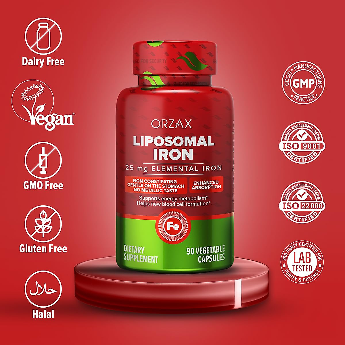 ORZAX Iron Supplement 25 mg -Liposomal Technology- High Bioavailability 90 Vegetable Capsules, Helps New Blood Cell Production, Non-Constipating, Non-GMO & Gluten Free, for Women, Men, Adults