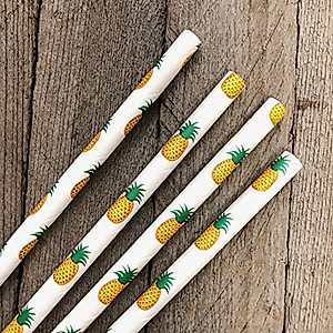 Pineapple Theme Paper Straws - Yellow Green White - Hawaiian Luau - 7.75 Inches - 100 Pack - Outside the Box Papers Brand