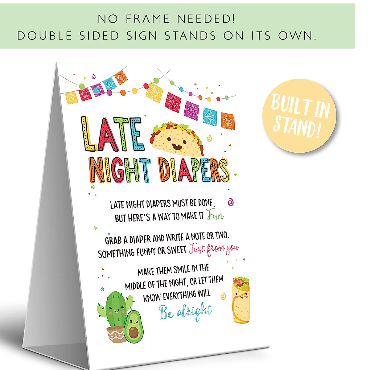 Your Main Event Prints Baby Shower Game Fiesta Taco Late Night Diaper Sign - 1 Self-Standing Poster - Fun and Festive Baby Shower Activity