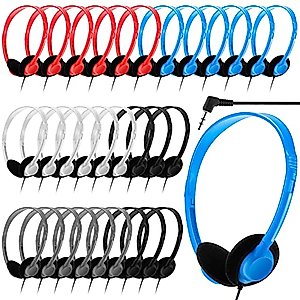 30 Pack Class Set Headphones for Kids School Earphones over Head Bulk Colored Classroom Headphones on Ear Earbuds Adjustable with 3.5 mm Jack for Libraries Students Teens Adults (Bright Color)