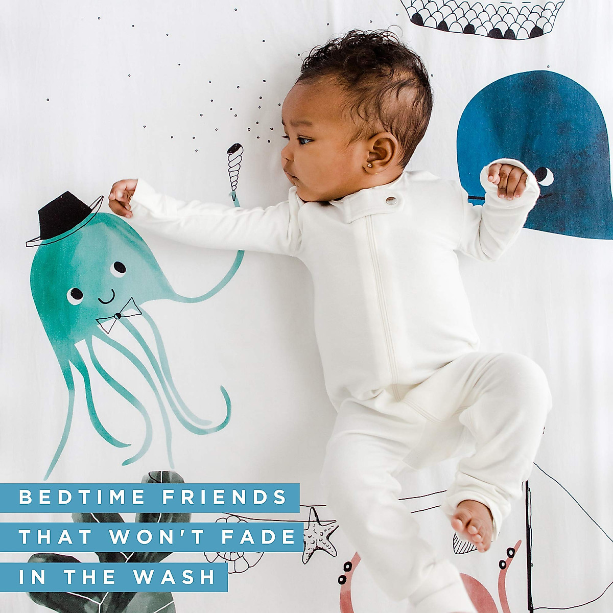 Rookie Humans 100% Cotton Sateen Fitted Crib Sheet: Underwater Love. Modern Nursery, Use as a Photo Background for Your Baby Pictures. Standard Crib Size (52 x 28 inches) Ocean Themed Baby Crib Sheet