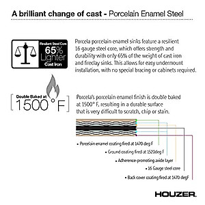 Houzer Porcelain Enamel Stainless Steel Porcela Series - Undermount Single Bowl Kitchen Sink, Durable, Sleek, and Stylish Large White Sink, Ideal for Home or Apartment - PCS-2500