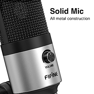 FIFINE USB Microphone for Zoom Video Meeting Online Class on PC Computer, Metal Condenser Desktop Mic with Gain Control for Windows and Mac, Silver - K669S
