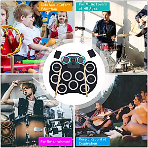 Costzon 9 Pads Electronic Drum Set with LED Light, Portable Roll up MIDI Drum Practice Pad w/Bluetooth, 7 Tones & Rhythms, 10 Demos, Foot Pedals, 2 Built-in Speakers, for Beginners Kids (Black)