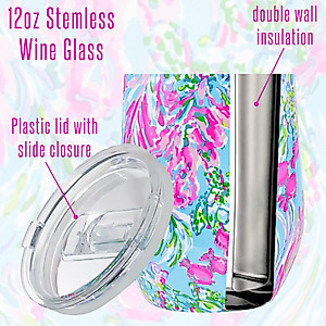 Lilly Pulitzer 12 Oz Insulated Tumbler with Lid, Blue/Pink Stainless Steel Travel Wine Glass, Double Wall Metal Cup, Best Fishes