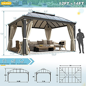 YOLENY 12'x14' Hardtop Gazebo, Permanent Outdoor Aluminum Patio Gazebo with Aluminum Composite Double Arc Roof for Patio Lawn and Garden, Curtains and Netting Included