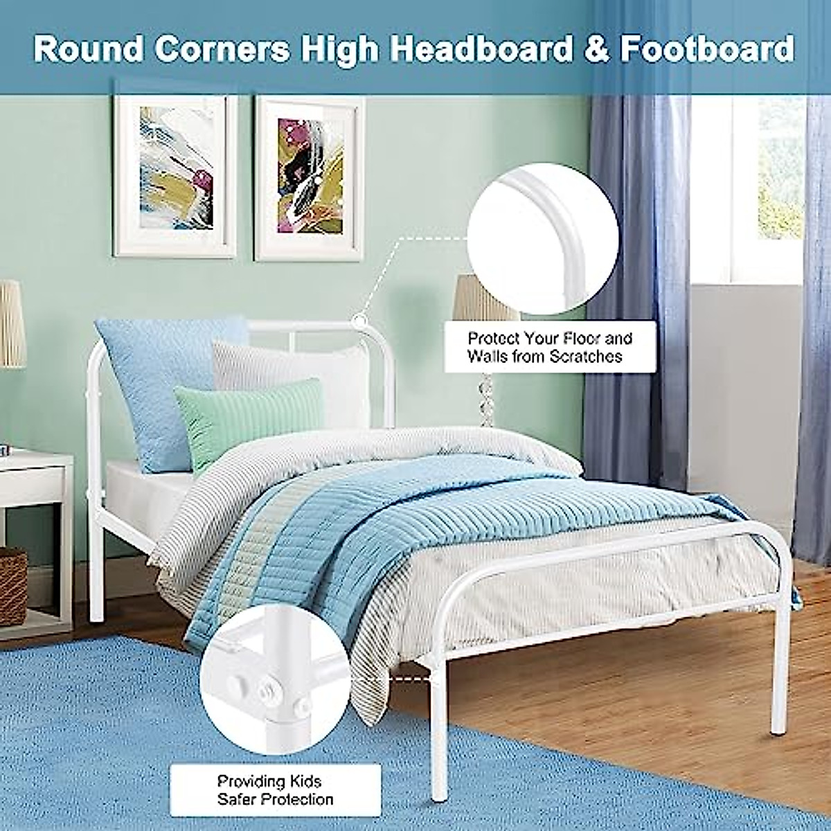 Voilamart Kids Twin Bed with Storage,Twin Metal Bed Frames with Headboard and Footboard, White Metal Platform No Box Spring Needed for Kids