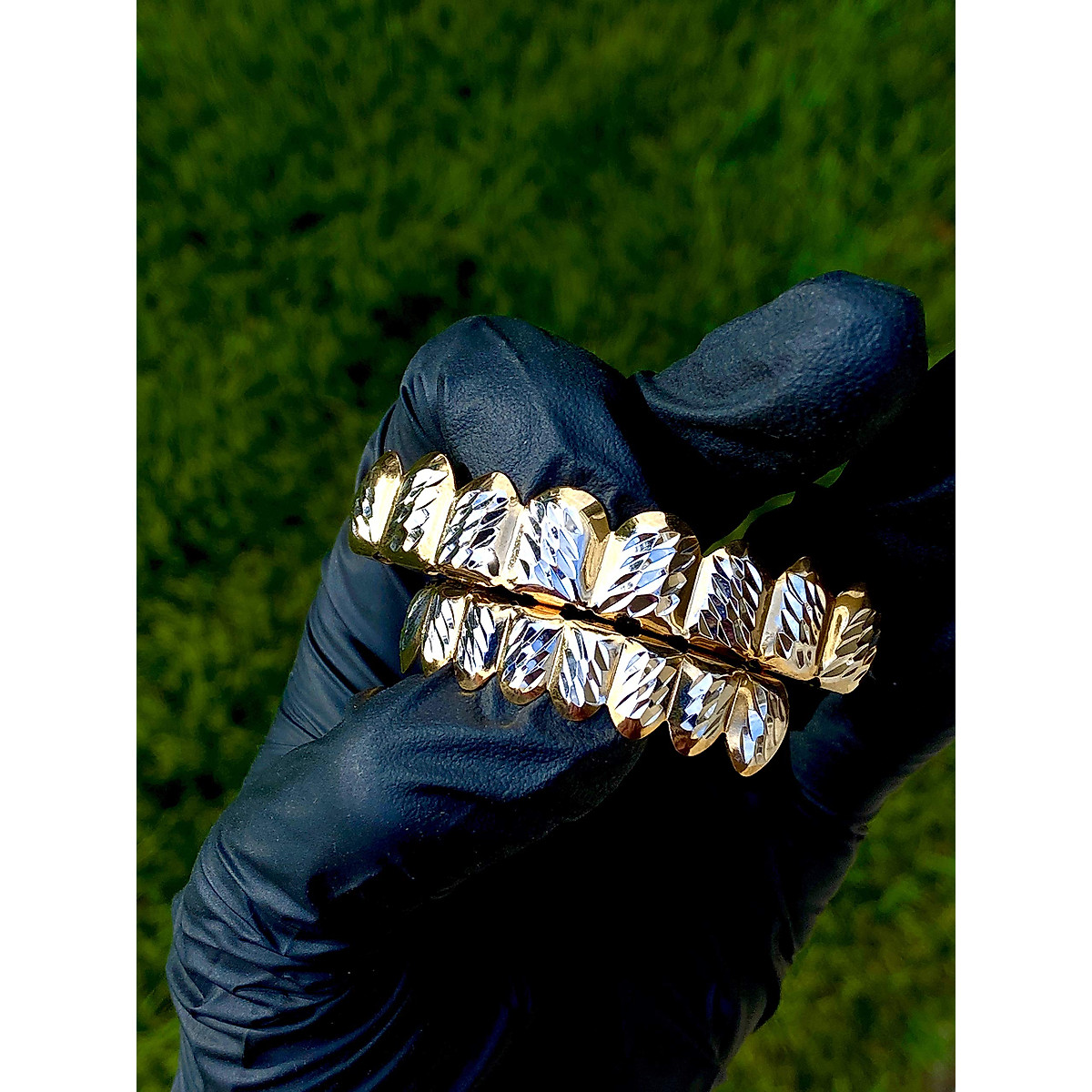 Shop-iGold 18k Gold Silver Two Tone Plated Cluster Custom Slugs Fangs Top Bottom Diamond Cut Grillz Mouth Teeth Grills Set - Grillz, Teeth Cap