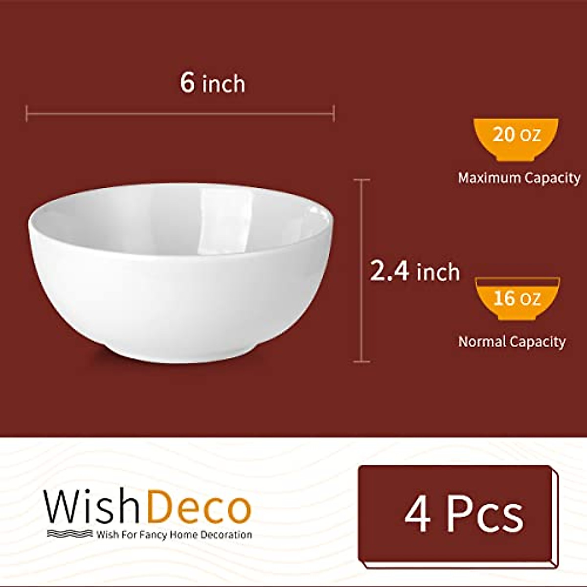 WishDeco Cereal Bowls Set of 4, Ceramic Soup Bowls, 20 Ounce Breakfast Bowls, 6" White Bowls for Dessert, Oatmeal, Pasta, Noodle, Salad, Rice, Microwave & Dishwasher Safe
