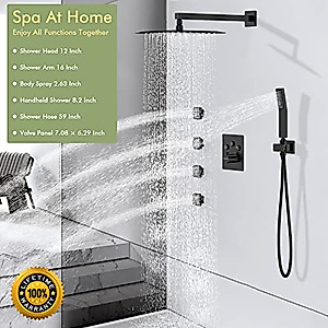 Bostingner Thermostatic Rain Shower System, 12 Inch Matte Black Wall Mount Faucet Set with Body Jets and Valve, All Functions Simultaneous Use