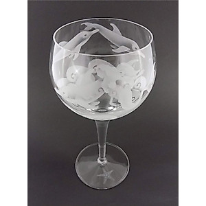 IncisoArt Hand Etched Italian Crystal Goblet Sandblasted (Sand Carved) Handmade Wine Water Glass Engraved (Mermaid Dolphins, 500 Milliliter (17 Ounce) Red Wine)