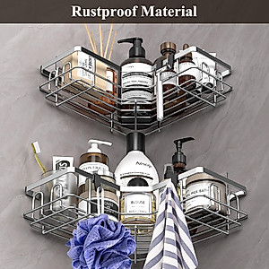 HuggieGems 2 Pack Corner Shower Caddy Organizer Shelf with Hooks, Silver Bathroom Shelves Storage Organization