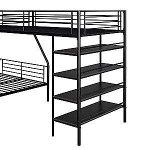 RUNWON Twin Over Full L-Shaped Metal Bunk Bed w/Twin-Size LoftBed with Four Built-in Shelves for Kids Teens Bedroom