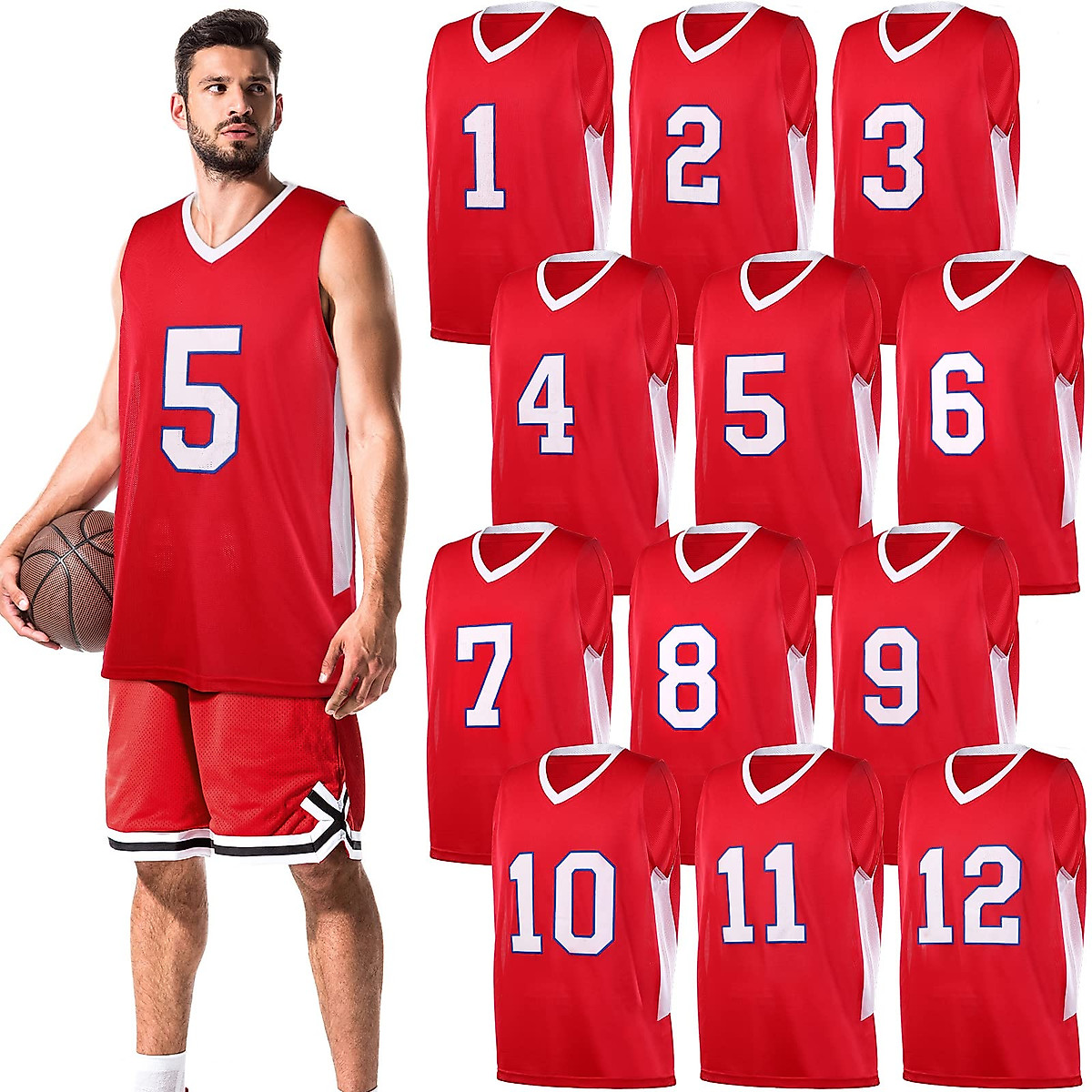 Hicarer 12 Pack Number Printing Basketball Jerseys Men Mesh Basketball Uniforms for Team Sports Scrimmage (Red)