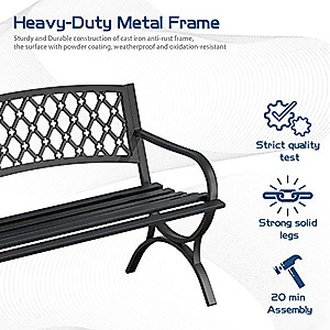 Outdoor Bench Garden Bench, Weatherproof Anti-Rust Heavy-Duty Outside Bench Clearance, Wrought Iron Metal Bench for Front Porch, Patio, Park, Ergonomic Backrest, Slatted Seat, Black/ 50 Inch furniture