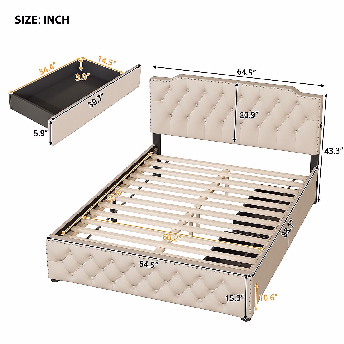 Prohon Queen Size Bed Frame w/ 2 Drawers and Two Sets USB Ports, Upholstered Platform Bed with Button Tufted Trim Headboard, Velvet Linen Wooden Bed Fram No Box Spring Needed, Beige