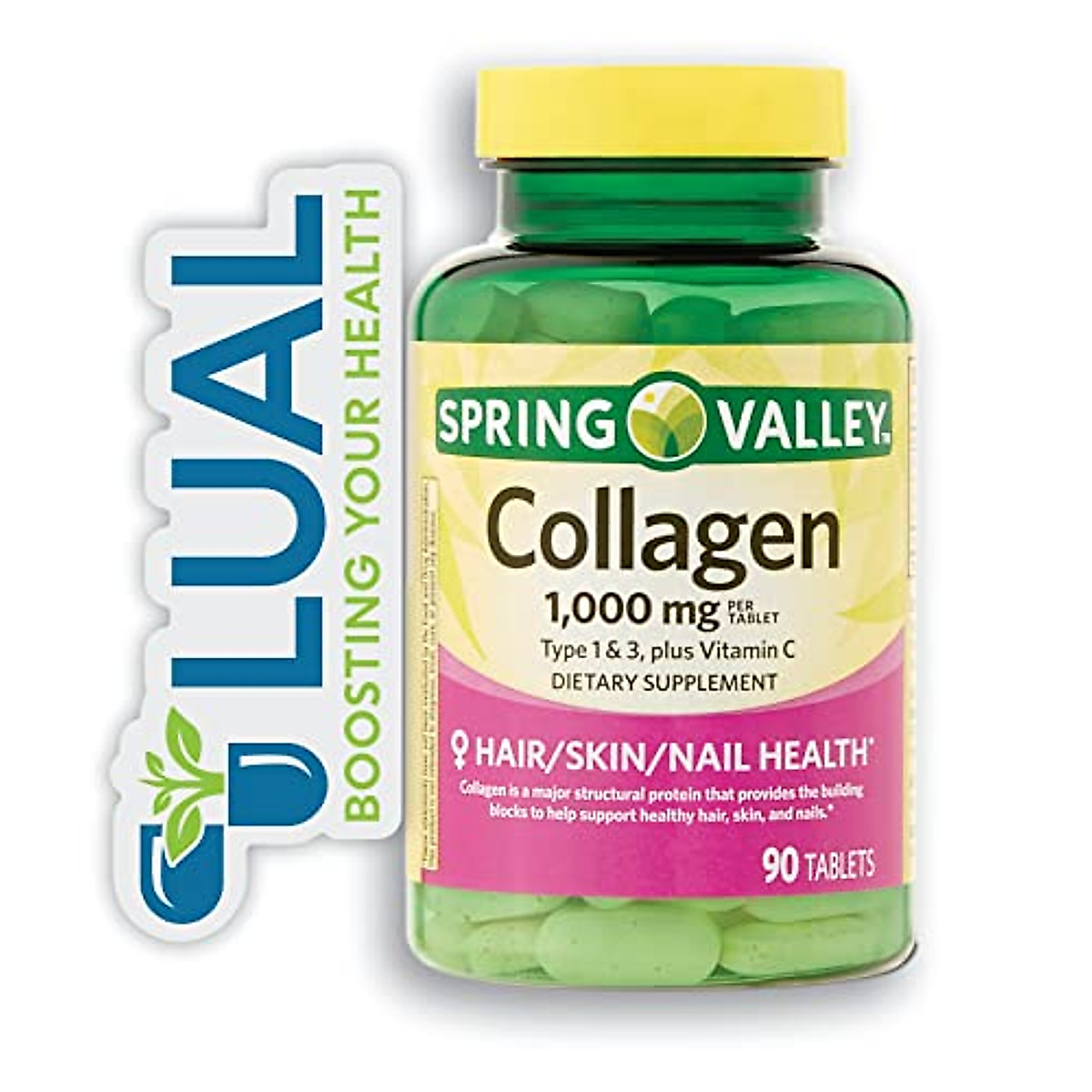 Improve Your Skin Elasticity and Joint Health with Spring Valley Collagen Type 1 & 3 + Vitamin C Dietary Supplement - 1,000mg Tablets, 90 Count. Includes Luall Fridge Magnetic