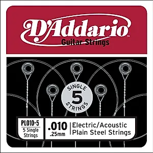 D'Addario PL010-5 Plain Steel Guitar Single String, 010 5-pack