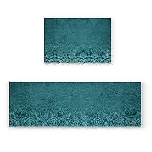 Z&L Home Kitchen Rugs and Mats Non Skid Set of 2 Piece Rubber Backing Floor Carpet Accent Area Runner Thin Low Pile Indoor Doormat Aqua Teal Indian Mandala Ethnic Floral Turquoise
