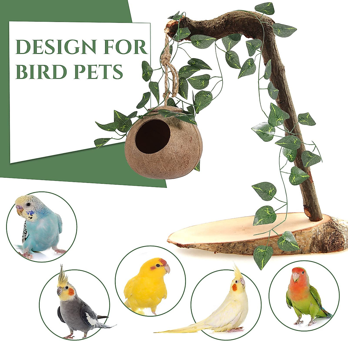 Skylety 3 Pcs Coconut Bird Nest Hut Hanging Bird House Coconut Hide with 6.9 Feet Fake Vines Coconut Fiber Shell Small Bird Cage Accessories for Parrot Parakeet Canary Reptile Crested Gecko Hamster