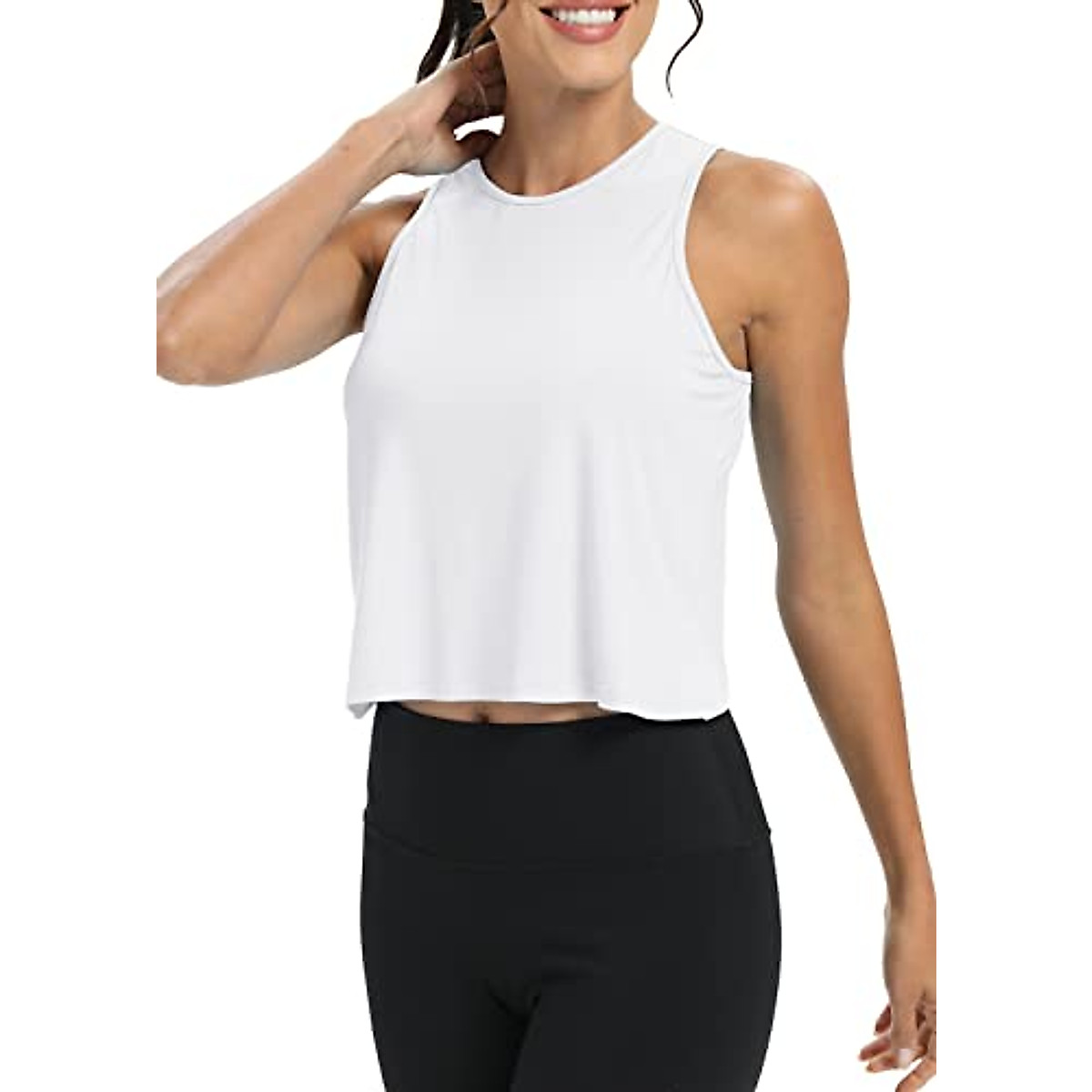 Mippo Workout Tank Tops for Women Athletic Gym Yoga Crop Tops Sleeveless Workout Shirts Racer Back Tank Pilates Clothes for Women Loose Fit White L
