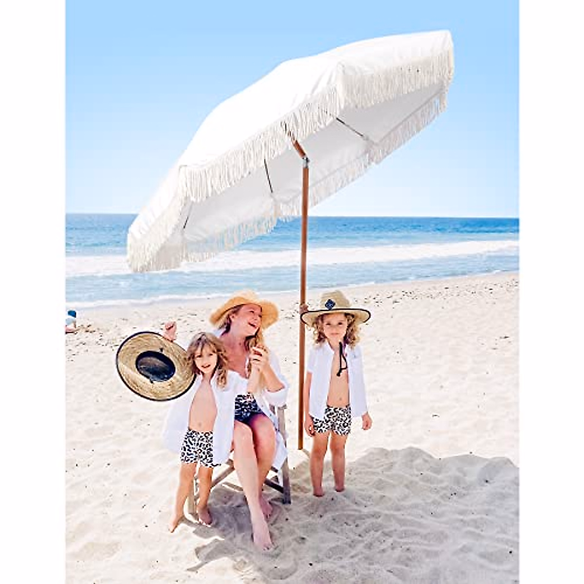 AMMSUN 7ft Patio Umbrella with Fringe Outdoor Tassel Umbrella UPF50+ Premium Steel Pole and Ribs Push Button Tilt,White Cream