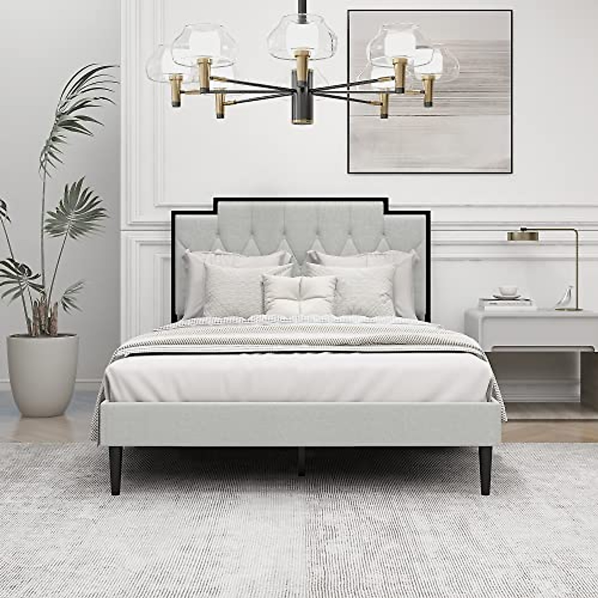 AGARTT Upholstered Platform Full Size Bed Frame with Headboard Premium Stable Wood Slat Support No Box Spring Required Light Grey