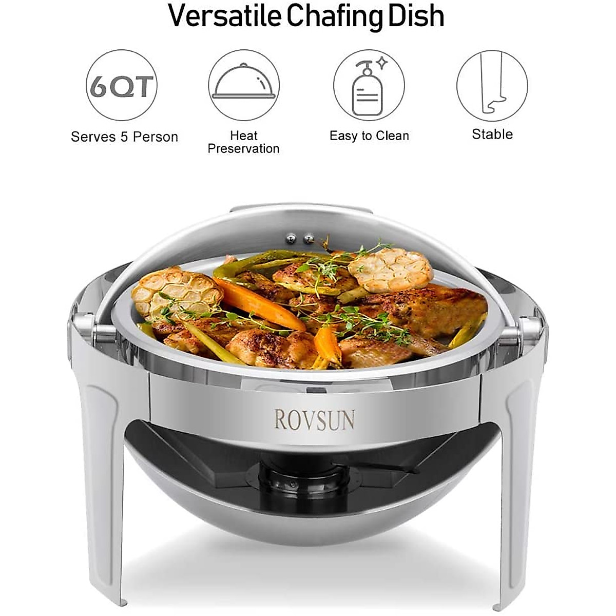 ROVSUN 3-Pack Roll Top Chafing Dish Buffet Set,6 Quart Full Size Pan Chafer, NSF Stainless Steel Round Set with Food Pan, Water Pan for Wedding, Parties, Banquet, Catering Events
