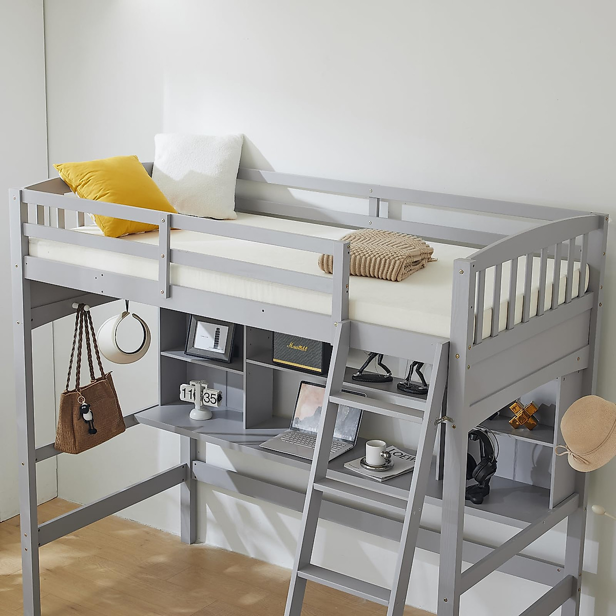 Karl home Loft Bed Twin Size, Wood Bed Frame with Safety Guardrails and Inclined Ladders, Bunk Bed with Desk and Shelves, Grey