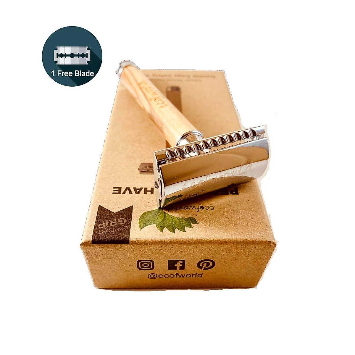 ECOFWORLD Double Edge Safety Razor with Long Natural Olive Wood Handle with One Blade| Safety Razor Reusable | Eco Friendly | For Men or Women | Sustainable and Durable