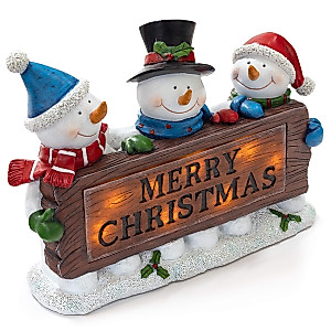 VP Home Christmas Snowman Decor Christmas Figurines Resin Snowman Lighted Decorations Indoor Glowing Merry Christmas Wood Trio LED Holiday Light Up Snowman Indoor Festive Fiber Optic Decorations