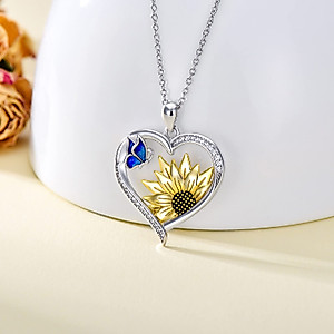 MBSUUH Sunflower Heart Necklace with Blue Butterfly Sterling Silver Sunflower Necklace for Women Teen Girls Mother's Day Jewelry Gifts