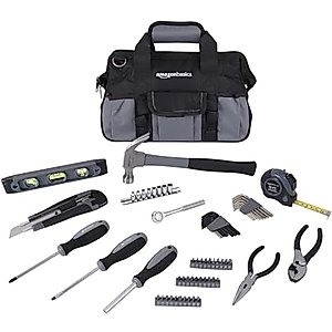Amazon Basics 65 Piece Home Basic Repair Tool Kit Set With Bag, Silver, Black
