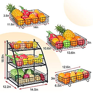 Fruit Basket for Kitchen Counter, 3-tier Fruit Holder Stand for Kitchen Countertop, Large Capacity Fruit Bowl Baskets for Kitchen Counter, Wire Baskets for Storage of Snack Produce Potato Onion