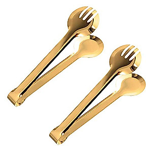 IAXSEE 2-Pack 9 Inch Stainless Steel Gold Salad Tongs, Non-slip & Easy Grip Smart Locking Clip Handy Utensil for Cooking, Serving, Barbecue, Buffet, Salad, Ice, Oven