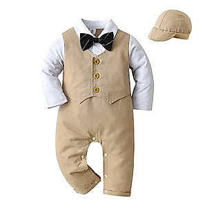 Baby Boy One-Piece Rompers Short Sleeve Jumpsuit Gentleman White Shirt Waistcoat Bowtie Tuxedo Onesie Formal Suit Infant Birthday Wedding Christening Outfit Clothes with Hat Khaki 3-6 Months