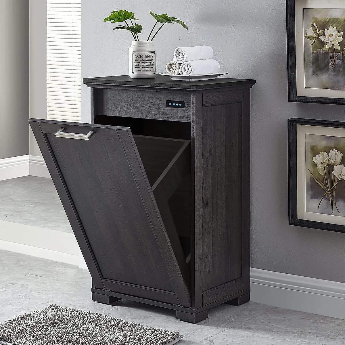 UpWiew Tilt Out Trash Cabinet Wooden, Single Door 10 Gallons, Espresso Finish+Black Top Panel