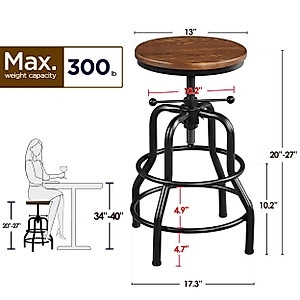 Yaheetech Industrial Bar Stool Vintage Counter Rustic Counter Height Metal Bar Stool Adjustable with Round Wood Seat Kitchen/Dining/Cafe Chair 20-27 Inch Tall, Brown, 1PCS