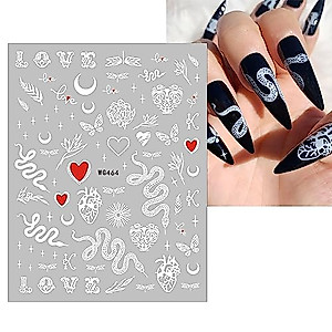 5 Sheets Black Snake Nail Art Stickers White Black Flower Big Snake Nail Decals Red Love Heart Nail Art Supplies Butterfly Star Moon Leaf Nail Art Design Decoration Accessories for Women Manicure DIY