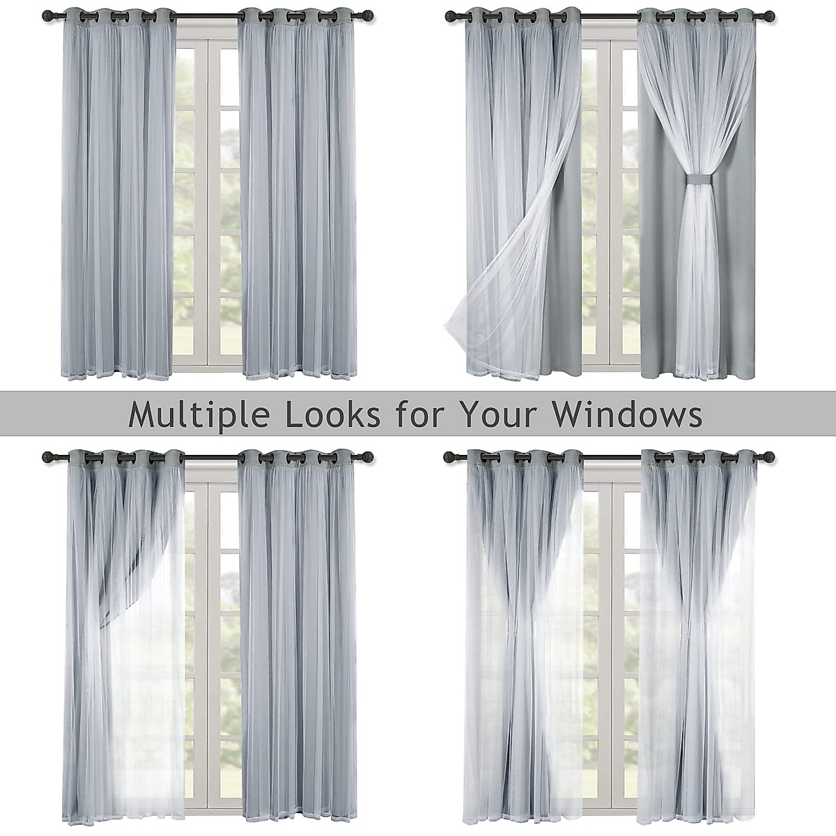 BONZER White Sheer Tulle Overlay Blackout Curtains Grommet Top Mix and Match Curtains for Living Room, Cloud Grey, 52x95 Inch, Set of 2 Panels