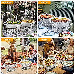 ROVSUN 5Qt 4 Pack Chafing Dish Buffet Set, Stainless Steel Round Chafers for Catering, Buffet Servers and Warmers Set with Glass Lid & Lid Holder, Thick Stand Frame for Wedding Party Banquet Event