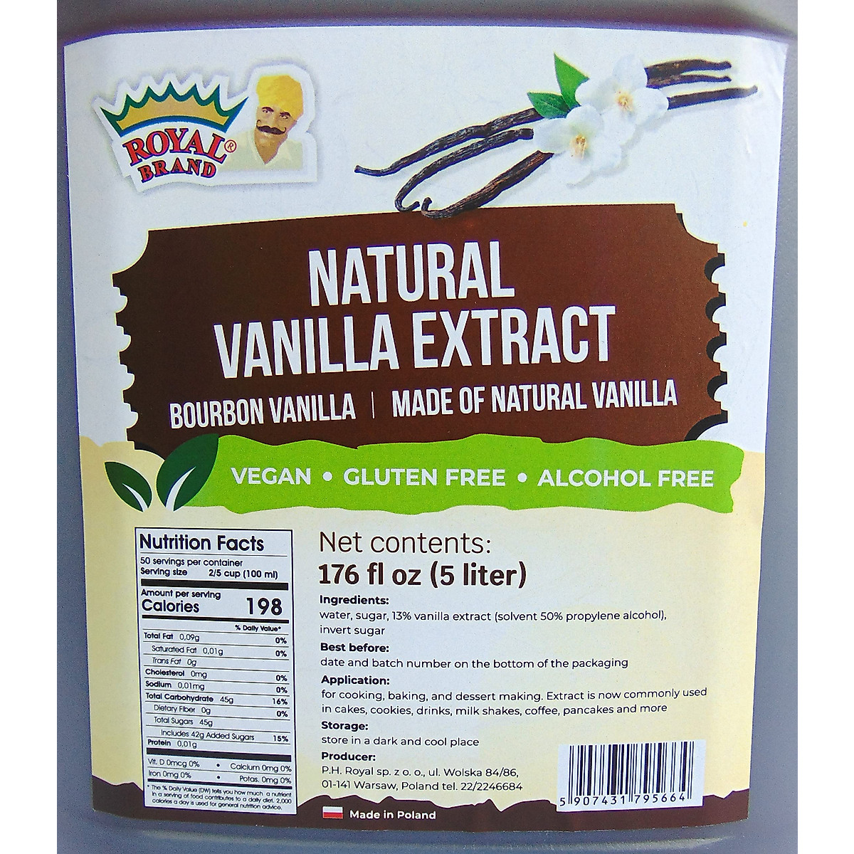 Pure vanilla extract without alcohol / Natural Vanilla Extract / Alcohol Free / Without Alcohol / Bourbon Vanilla / Vegan / Gluten Free / 176 fl oz / 5 Litres / Halal