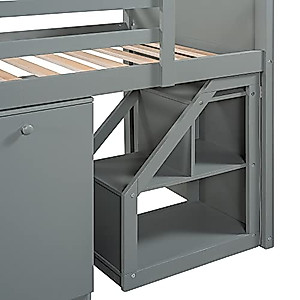 Twin Loft Bed for Kids, Low Study Wooden Loft Bed Frame with Movable Portable Desk and Storage Steps, Low Loft Bed for Kids, Teens (Gray)