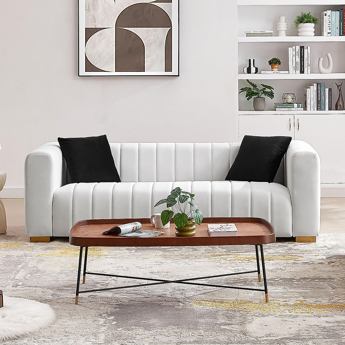 kevinplus 87.8'' Velvet Sectional Sofa Couch for Living Room, Modern Contemporary Chesterfield 3-Seat Sofa Couch for Apartment Bedroom Office, Strong Gold Metal Legs, 2 Pillows, White