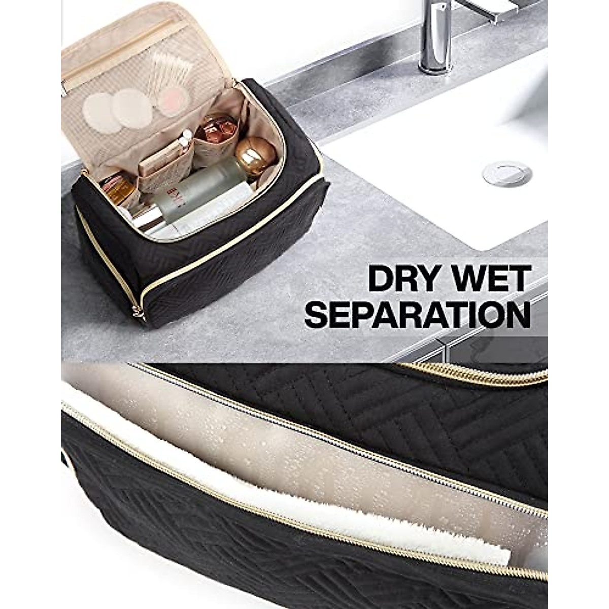 BAGSMART Travel Toiletry Bag for Women, Cosmetic Bag Makeup Bag Organizer with Handle, Travel Bag for Toiletries, Travel Accessories, Full Sized Container, Black-M