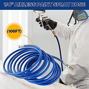 FLKQC Airless Paint Spray Hose Kit, 100FT 3600psi High-Pressure Fiber Tube, Double Layer Braided Wire High Pressure Airless Paint Spray Hose Universal Paint Sprayer Flexible Tube 1/4" (100FT/30M)
